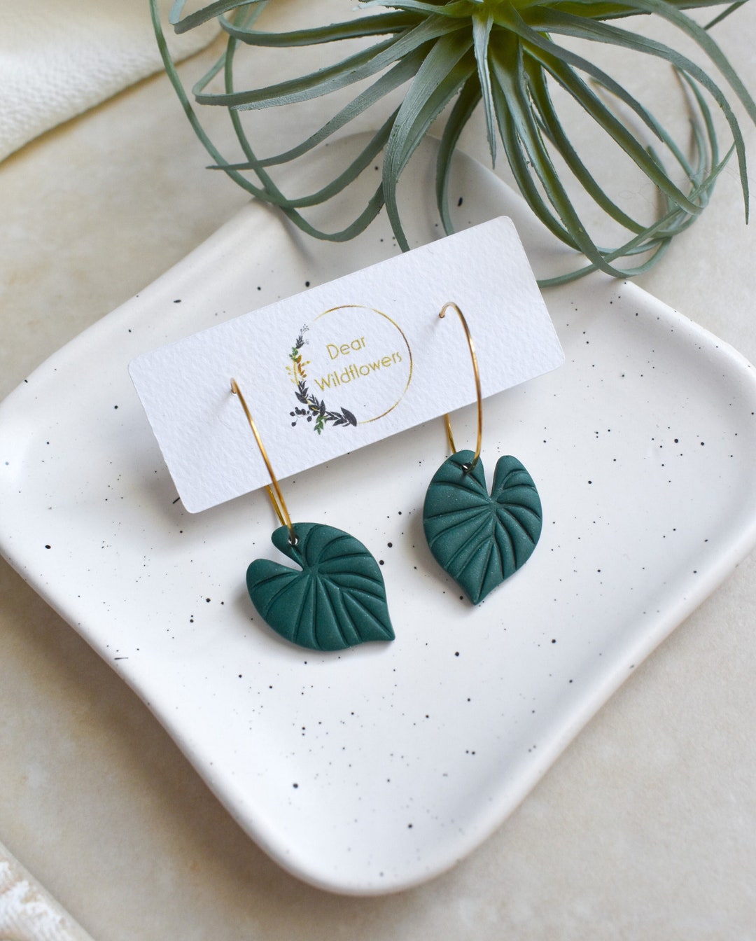 Clay Leaf Hoop Earring, Plant Lover Earring, Minimal Green Plant ...