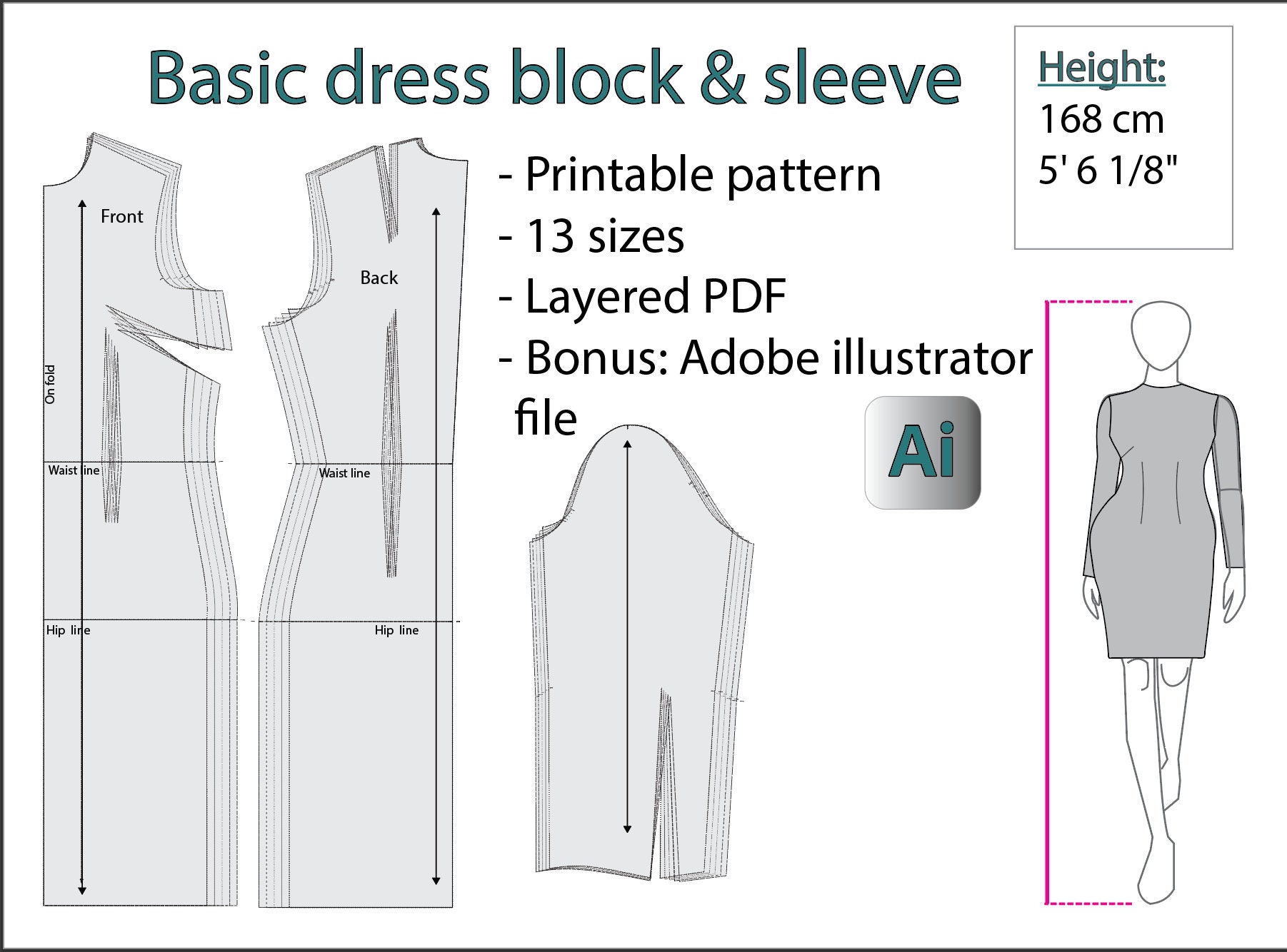 Dress Block Sewing Pattern: Woven Fabrics, 13 Sizes (PDF + AI) - Etsy