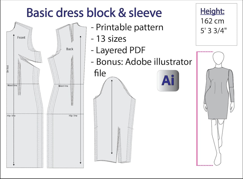 Dress Block Sewing Pattern: Basic Fitted Dress With Sleeve (PDF + Adobe ...