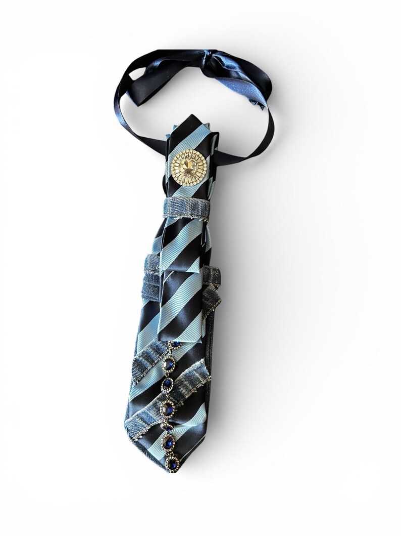 Handmade Silk Denim Necktie Necklace, Glam Brooch, Ribbon Tie - Etsy