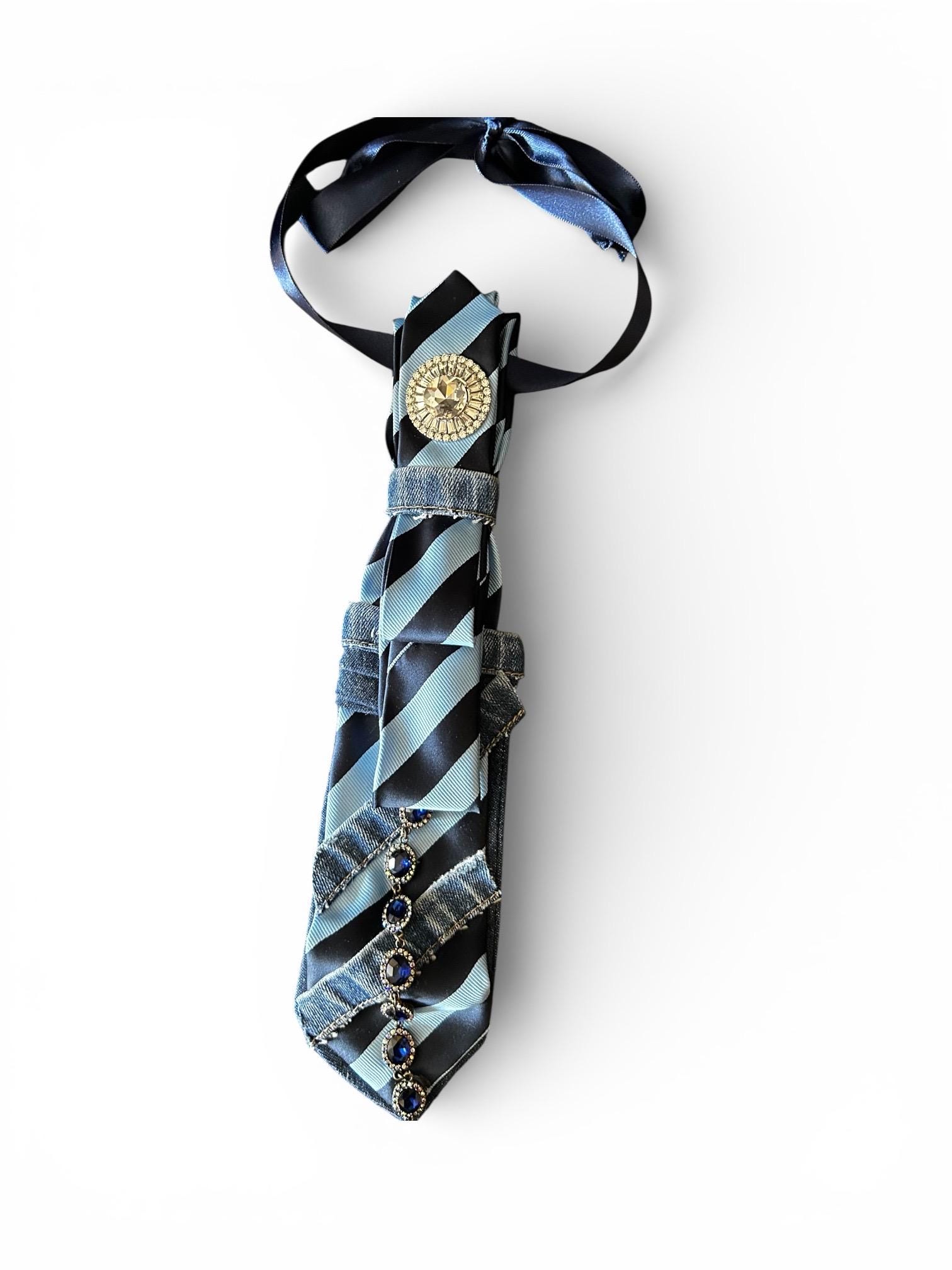 Handmade Silk Denim Necktie Necklace, Glam Brooch, Ribbon Tie - Etsy