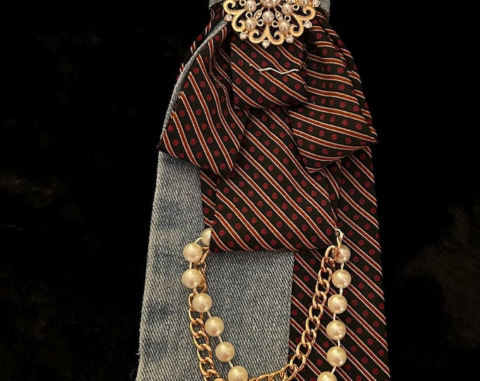 Handmade Striped Silk Denim Necktie Necklace With Brooch & Pearl ...