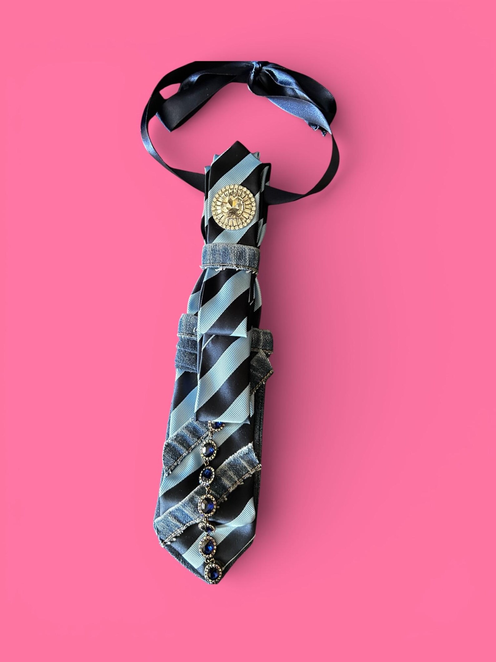 Handmade Silk Denim Necktie Necklace, Glam Brooch, Ribbon Tie - Etsy
