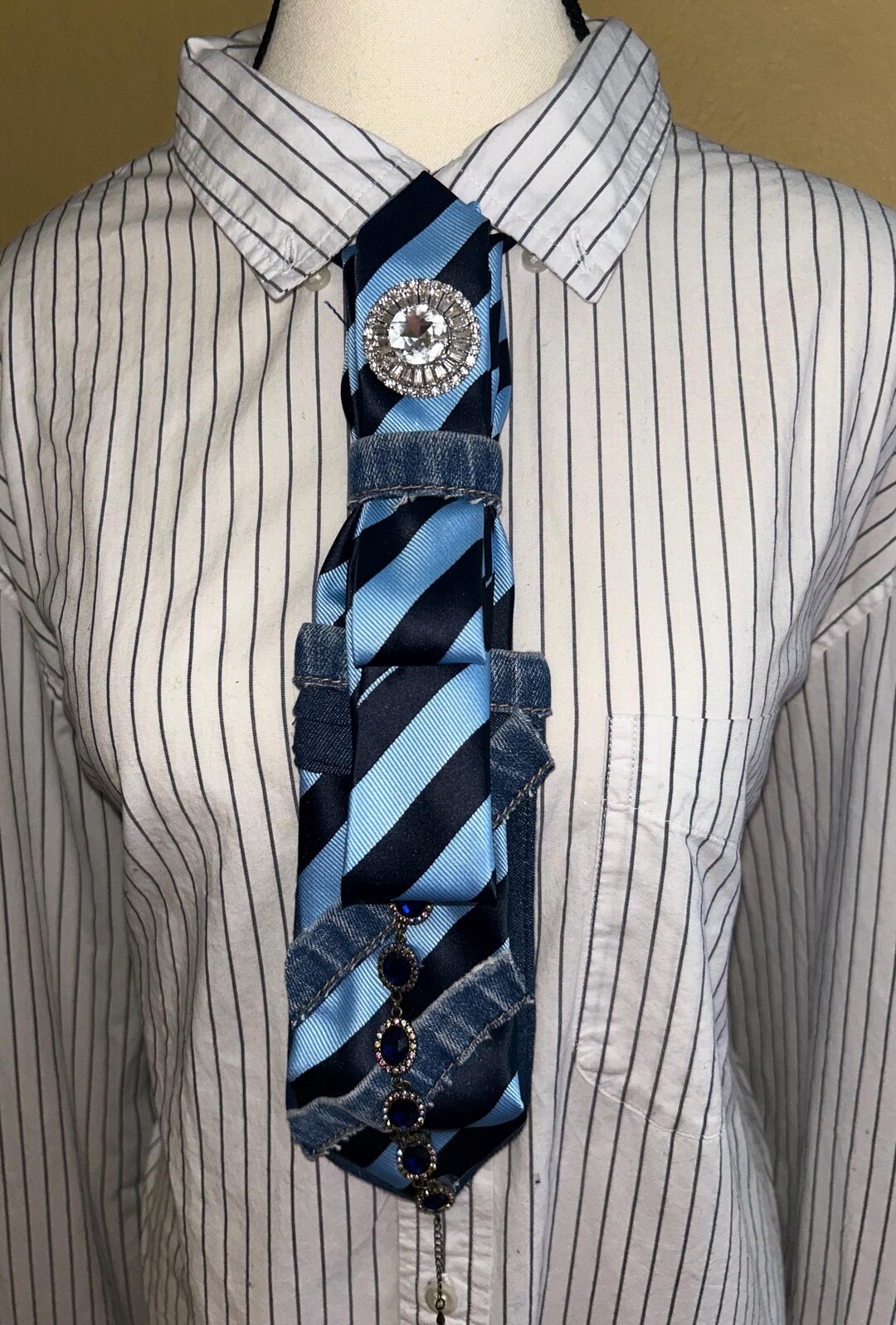 Handmade Silk Denim Necktie Necklace, Glam Brooch, Ribbon Tie - Etsy