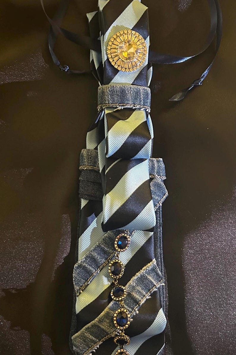 Handmade Silk Denim Necktie Necklace, Glam Brooch, Ribbon Tie - Etsy