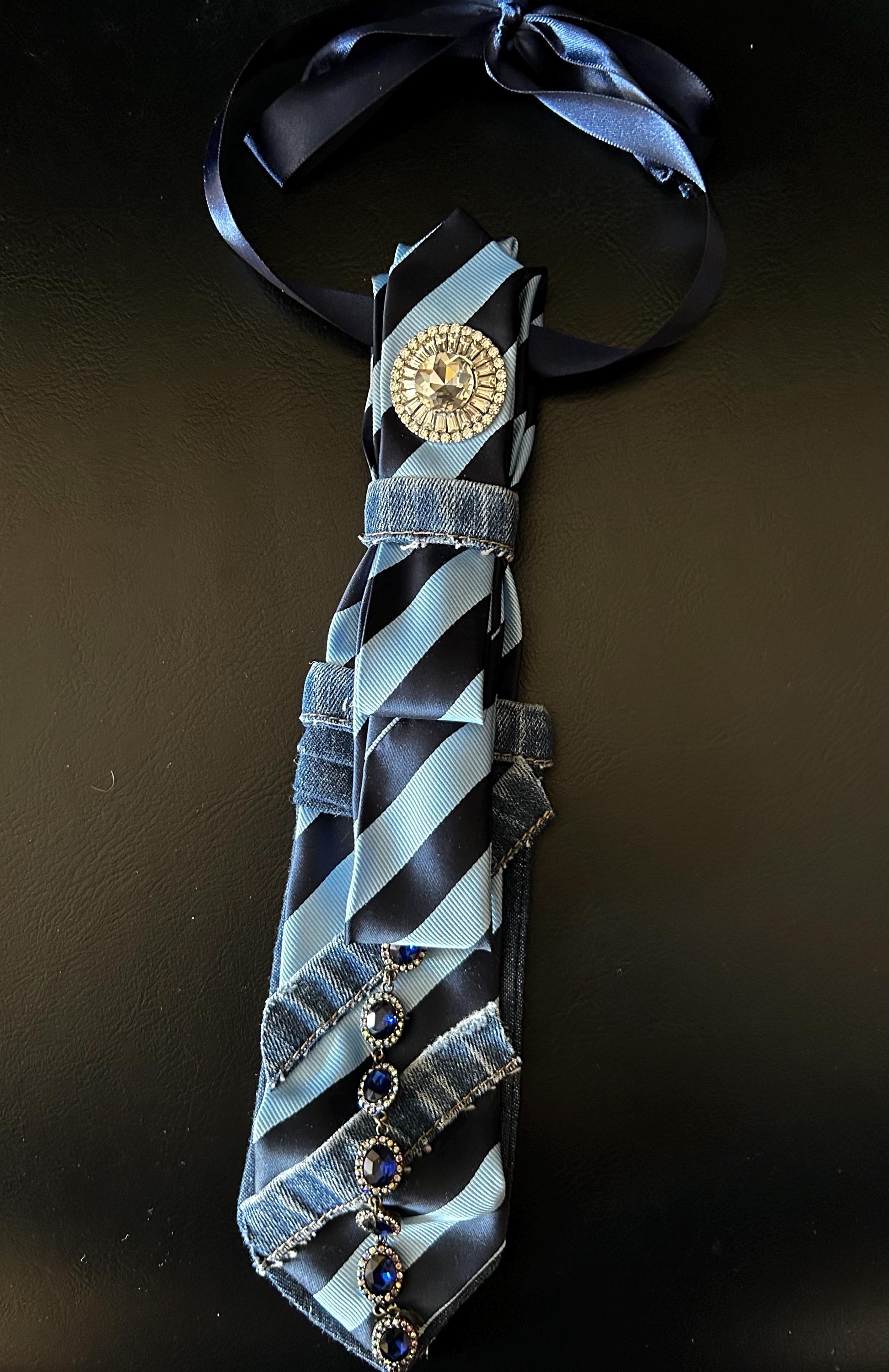 Handmade Silk Denim Necktie Necklace, Glam Brooch, Ribbon Tie - Etsy