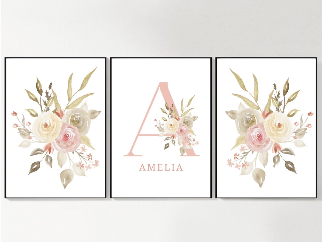 Blush Monogram Wall Art, Inital Print, Boho Baby Name, Set of 3 Prints ...