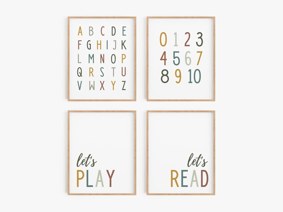 Set of 4 Prints, Educational Posters, Earth Tone Playroom Wall Art ...