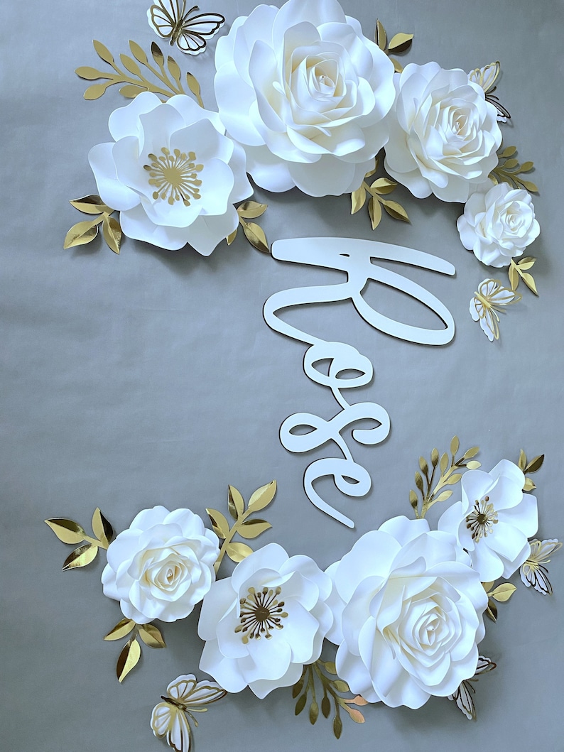 White Rose Paper Flower Wall Decor: Nursery Set With Butterflies - Etsy