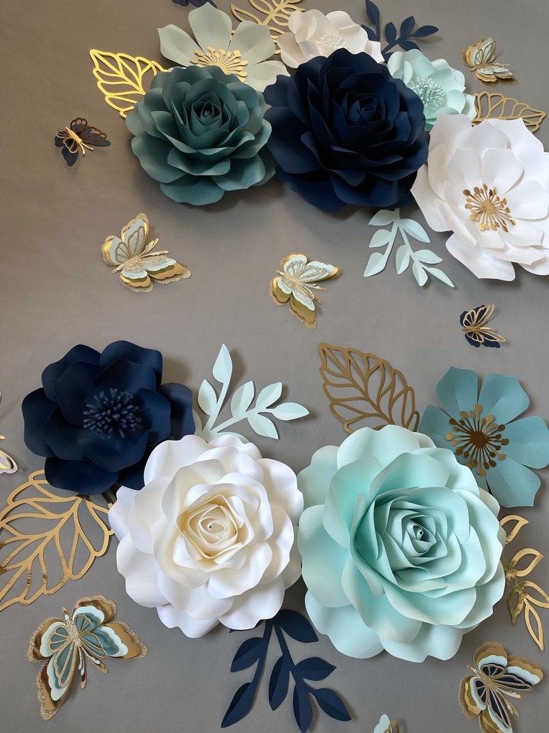 Paper Flower Wall Decor Blue Nursery Wall Paper Flowers | Etsy