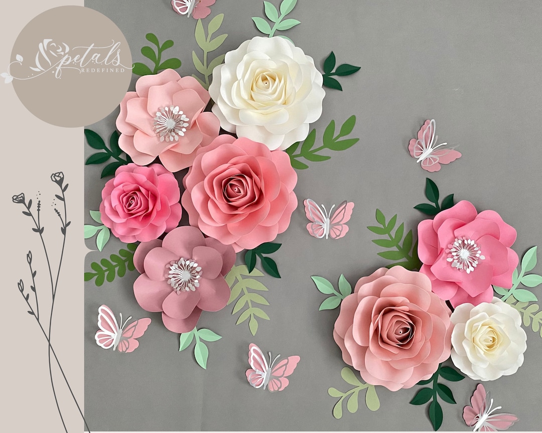 Pink Paper Flower Wall Decor: Nursery Rose Set With Butterflies - Etsy