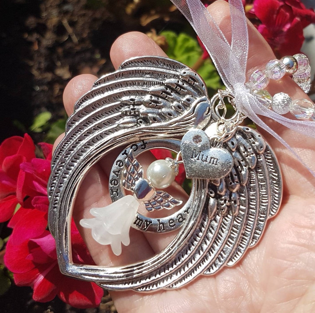 Mum Memorial Decoration, Silver Angel Wing Charm, Clear & Sparkly Beads ...