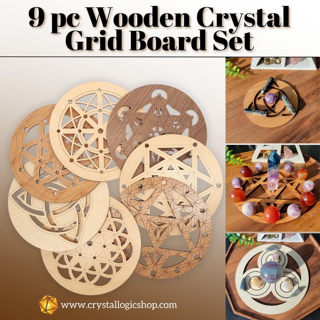 9pc Crystal Grid Set, Wooden Crystal Grid Boards, Sacred Geometry Gift ...