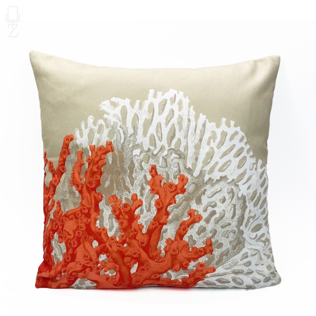 Beige & Orange Decorative Cushion Cover With Coral Reefs Design, Hidden Zipper, 43x43 Cm (17x17 ...