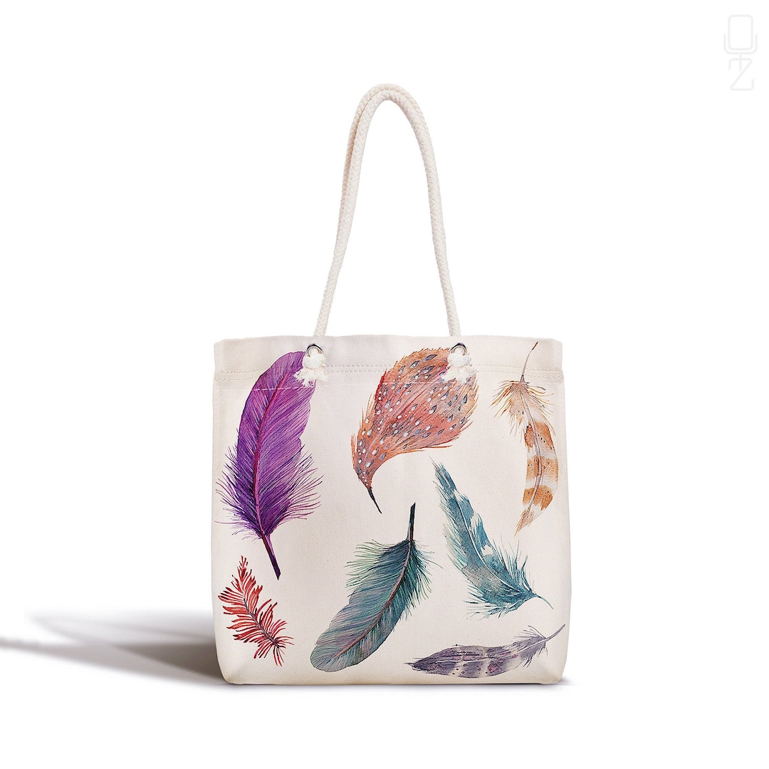 Tote Bag With Colourful Feather Theme |size 45x50x7cm |multicoloured ...