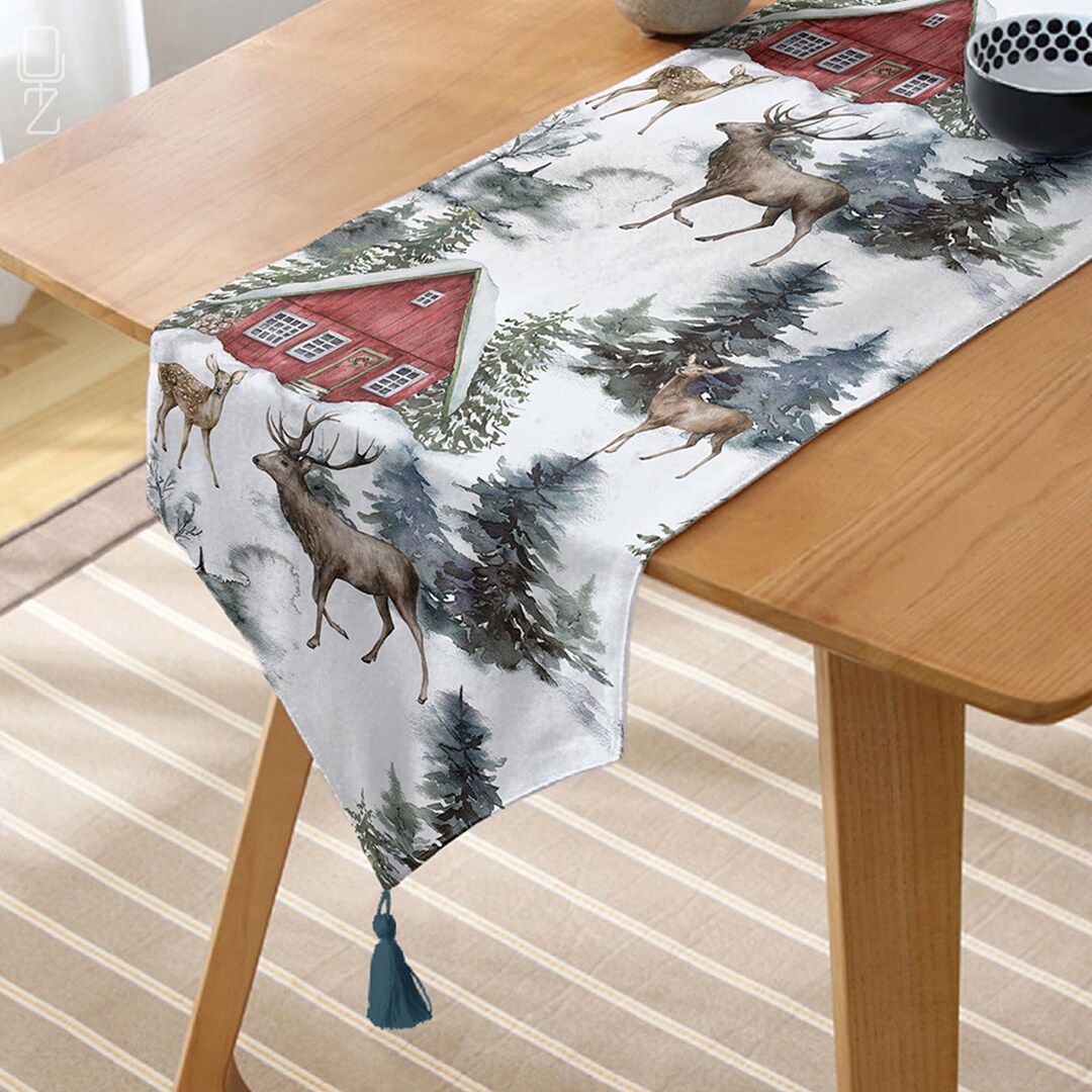 Christmas Reindeer Table Runner: Chenille Chalet Pine Tree Print (55 X ...