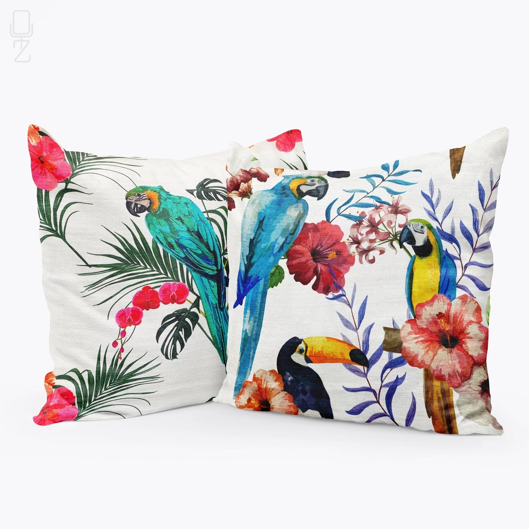 Set of 2 Tropical Cushion Covers With Parrots & Multicoloured Florals ...