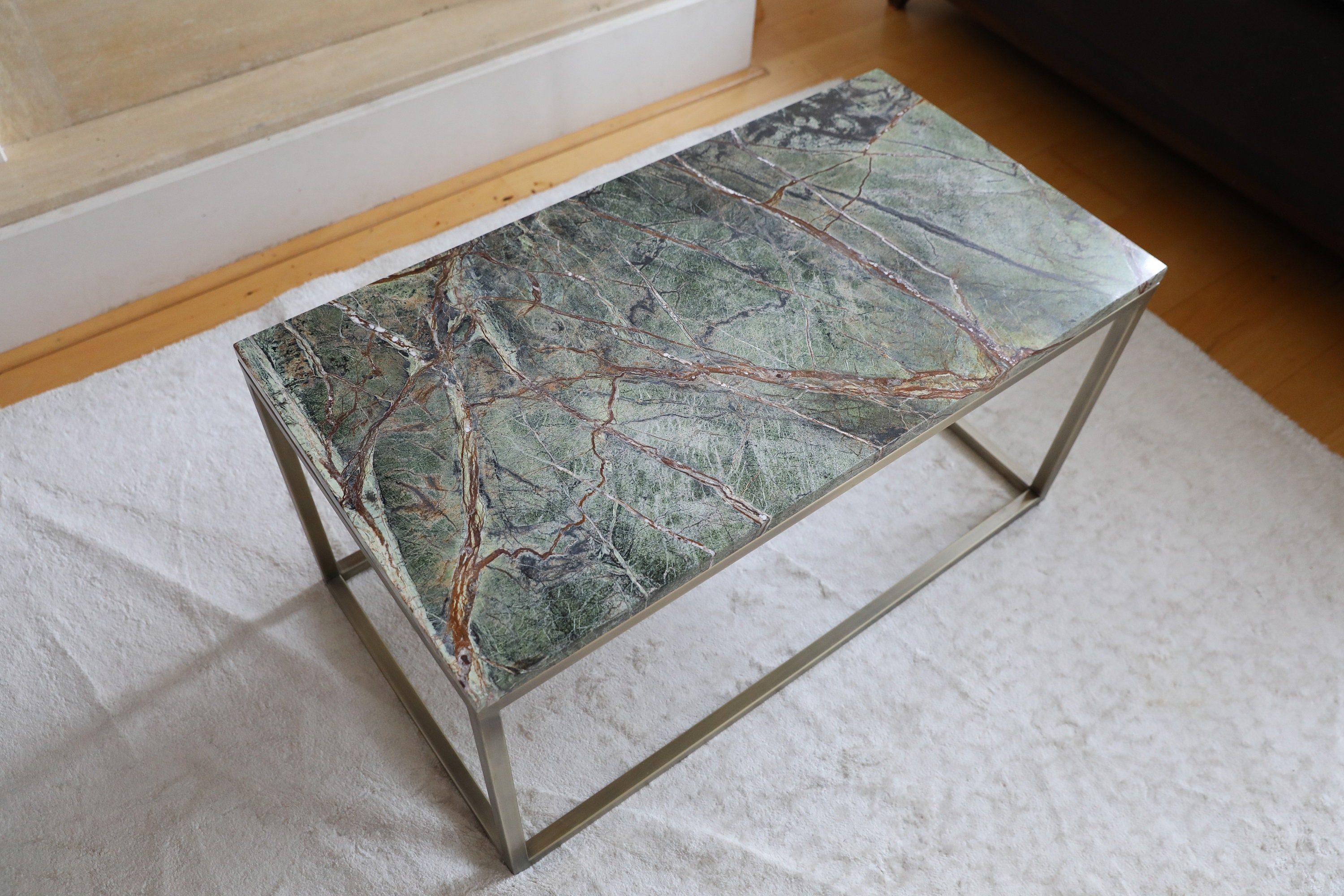 Rainforest Green Marble Coffee Table Brass Leg Marble Top - Etsy