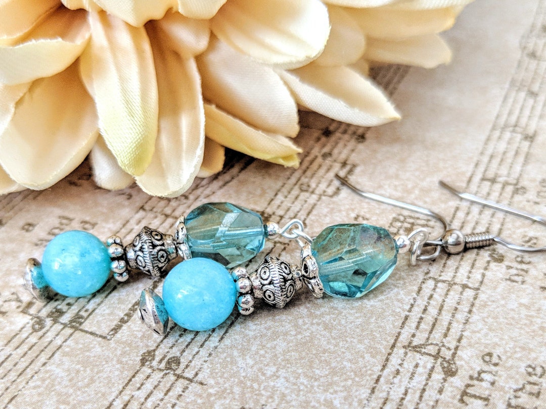 Sterling Silver Blue Green Earrings, Leverback Earrings, Boho Chic ...