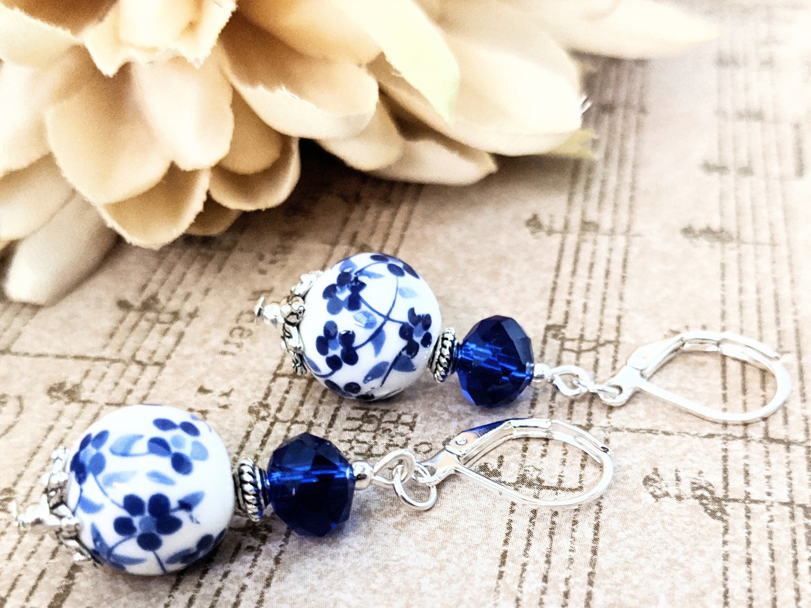 Sterling Silver Delft Blue Earrings Dangle, Cottagecore Gift for BFF ...