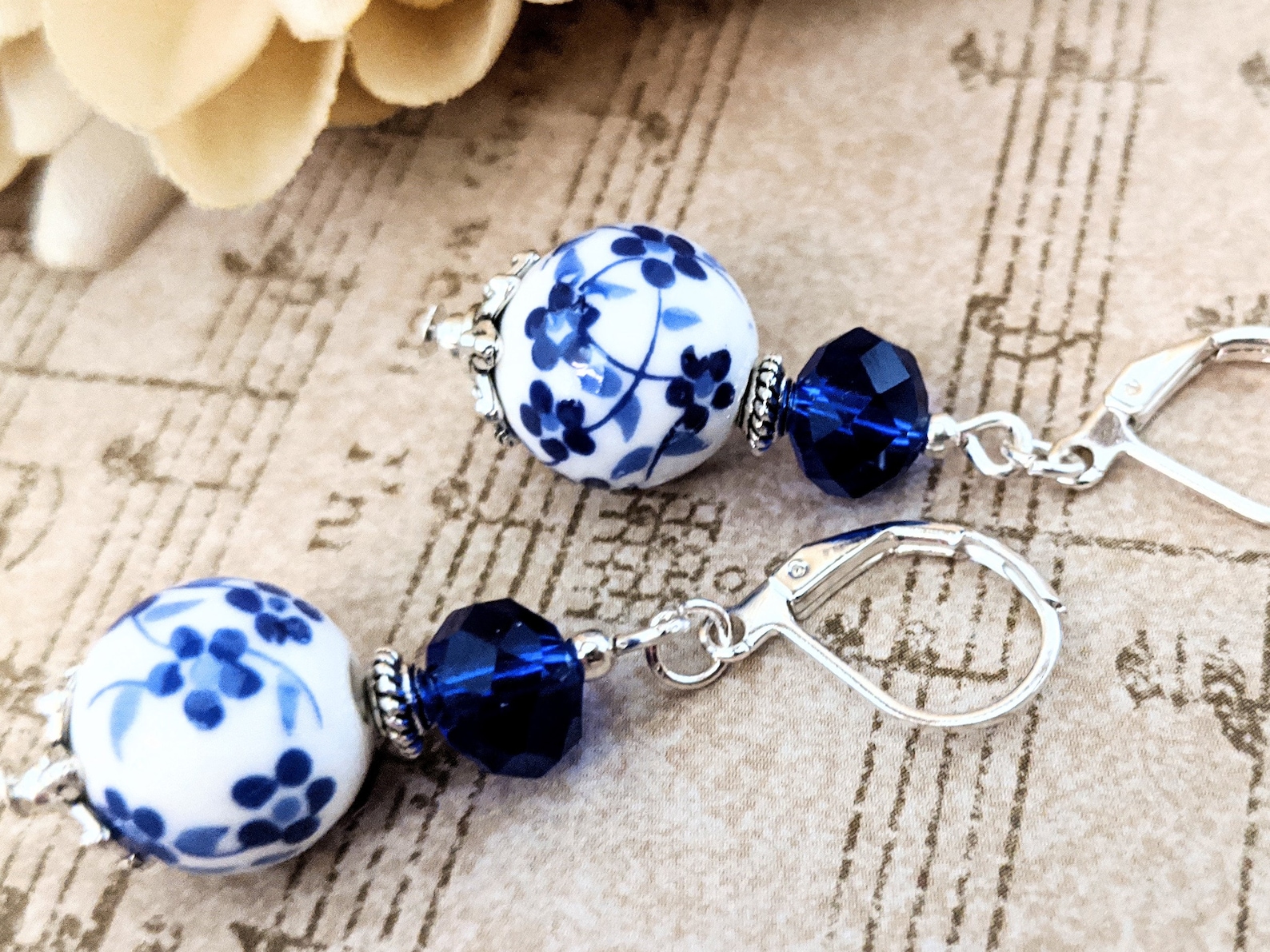 Sterling Silver Delft Blue Earrings Dangle, Cottagecore Gift for BFF ...