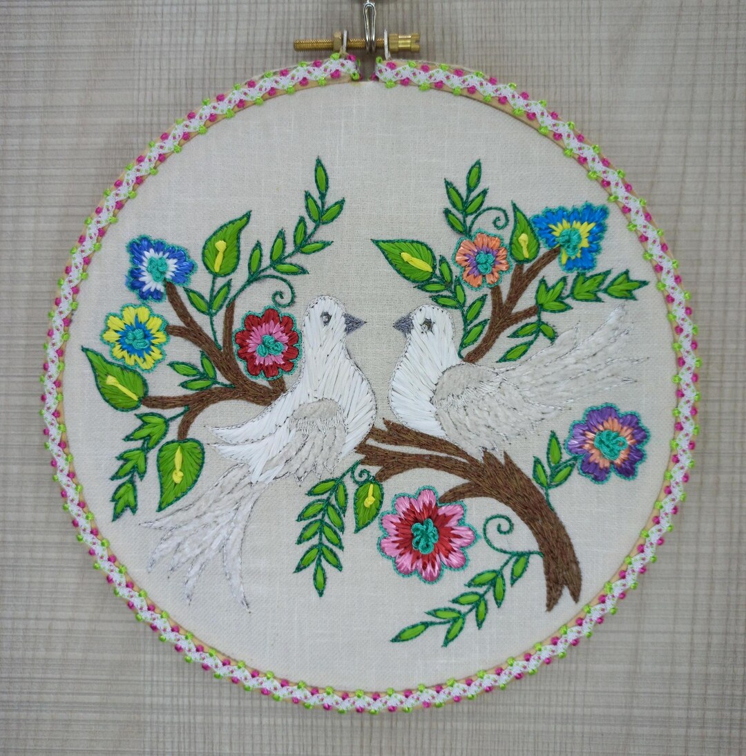 A Pair of Doves, Doves Wall Decor, Hand Embroidered Hoop, Hand ...
