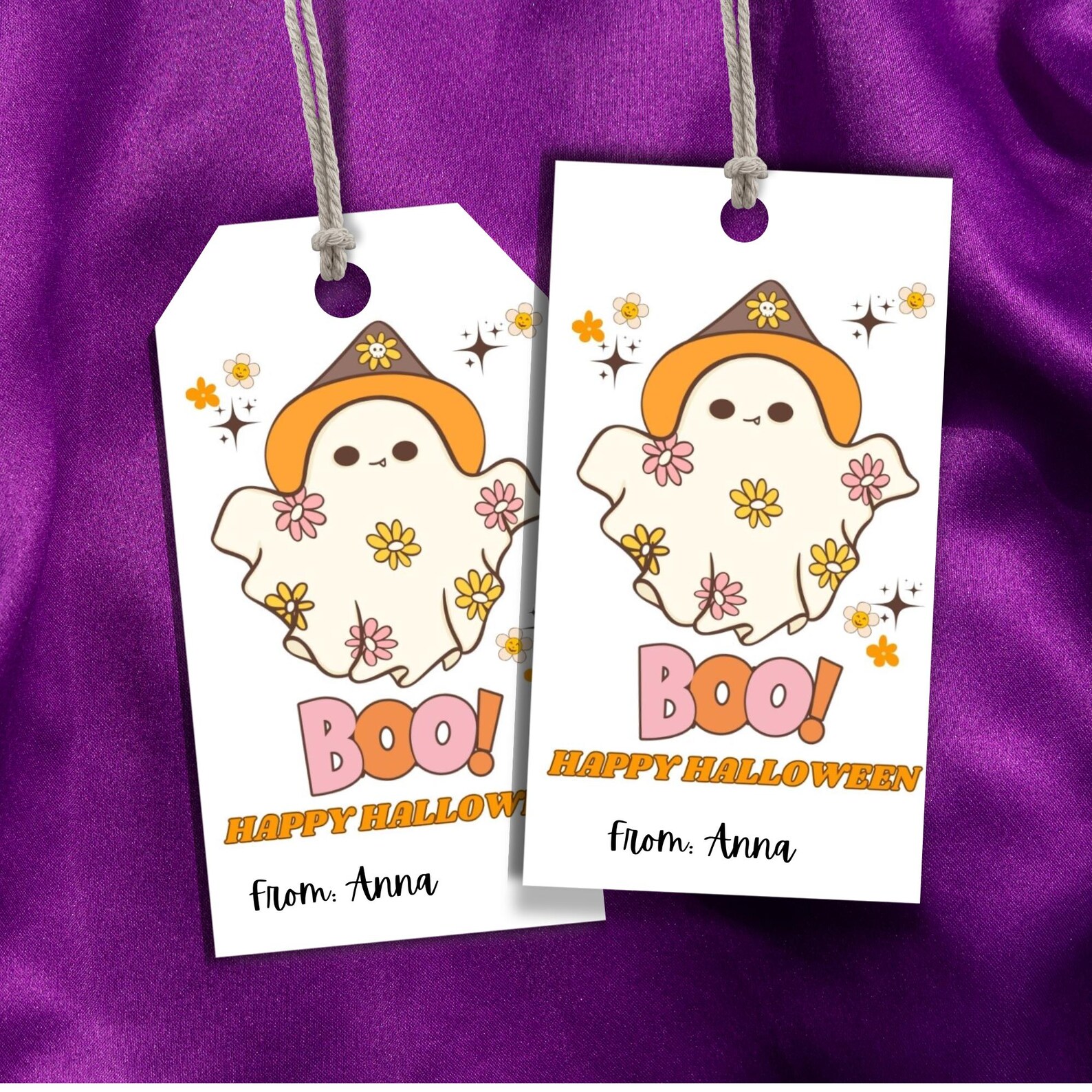 EDITABLE Retro Cute Ghost Halloween Favor Tag, Boho Boo Basket Tag ...