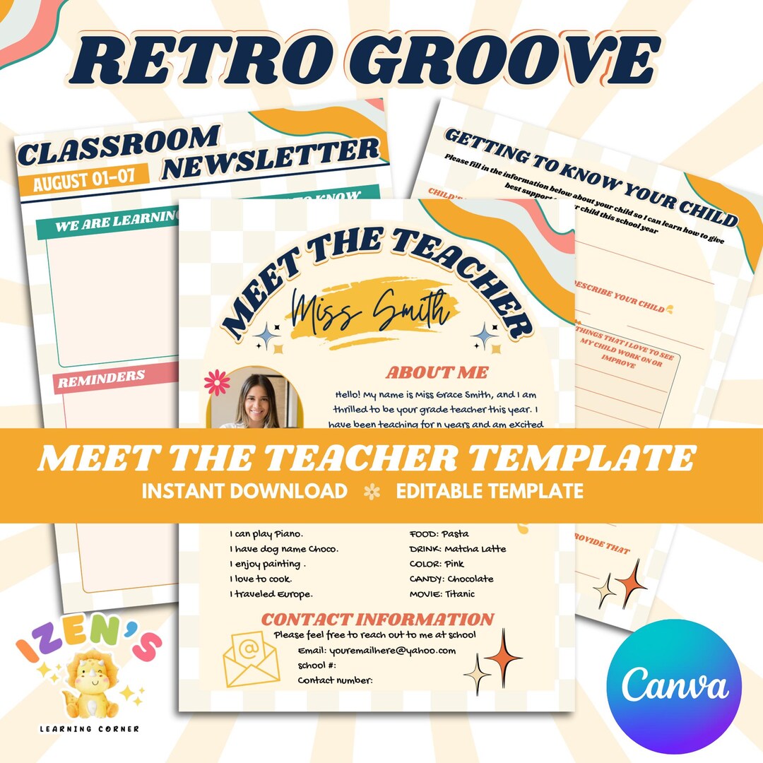 Retro Groove Teacher Canva Template Bundle, Meet the Teacher Form, Back ...
