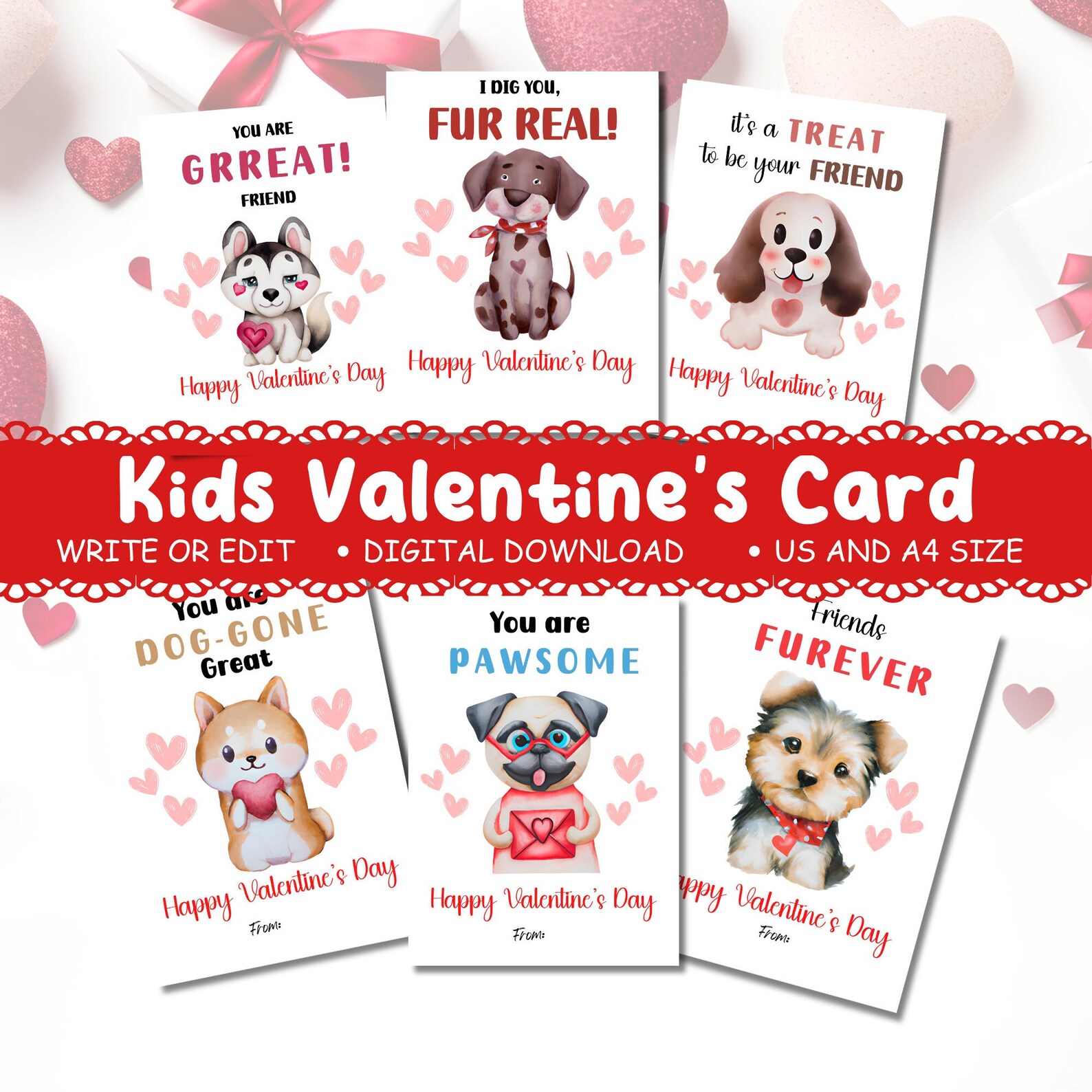 Printable Dog Valentine's Cards, Puppy Love, EDITABLE Valentine's Day ...