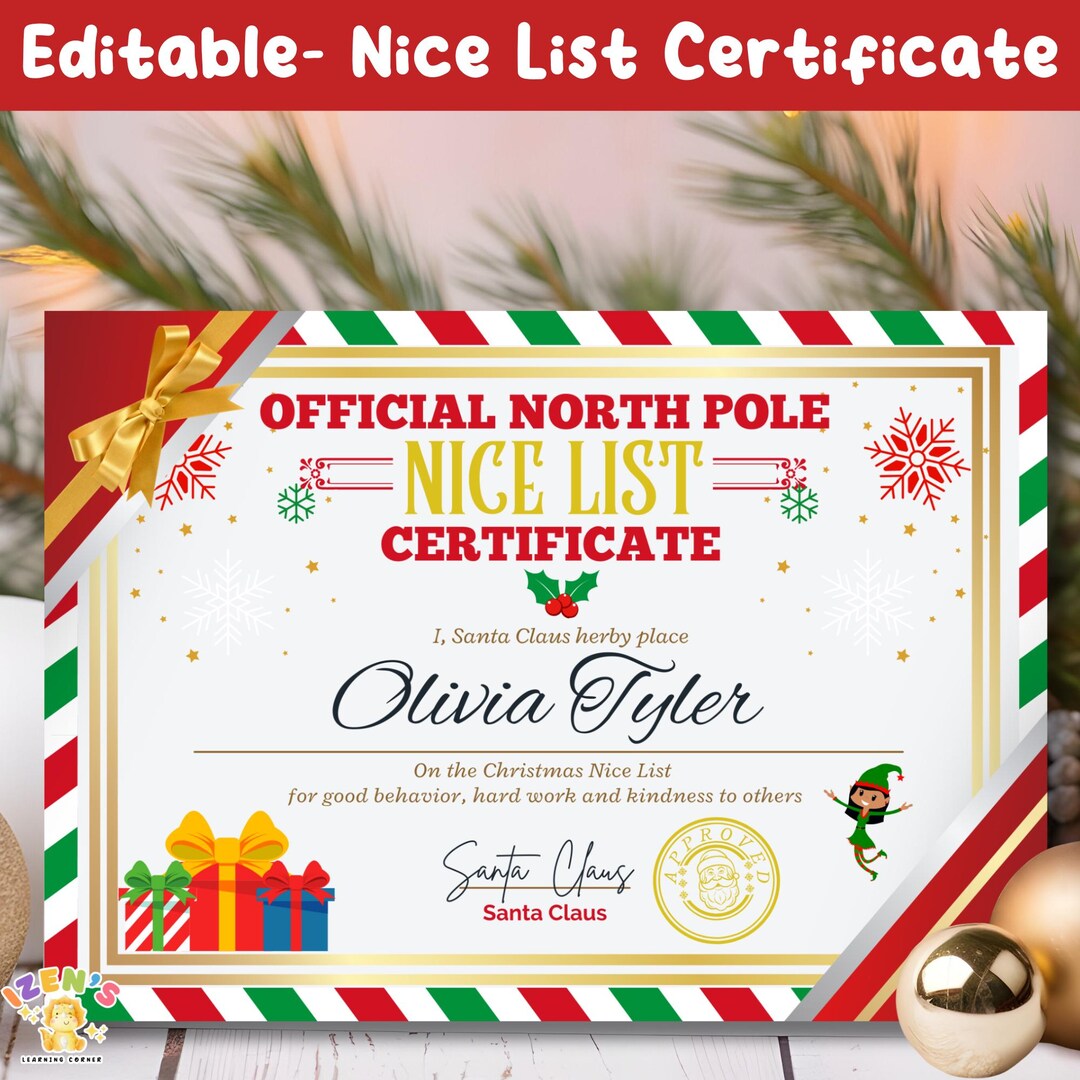 Nice List Certificate Printable, Editable Santa’s Official North Pole ...