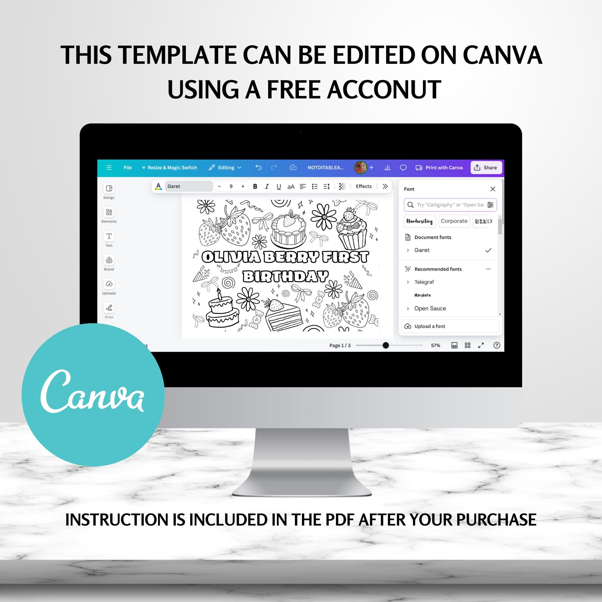 Editable Berry First Birthday Coloring Pages, Printable Berry 1st ...