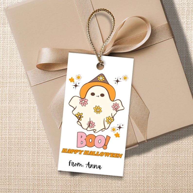EDITABLE Retro Cute Ghost Halloween Favor Tag, Boho Boo Basket Tag ...