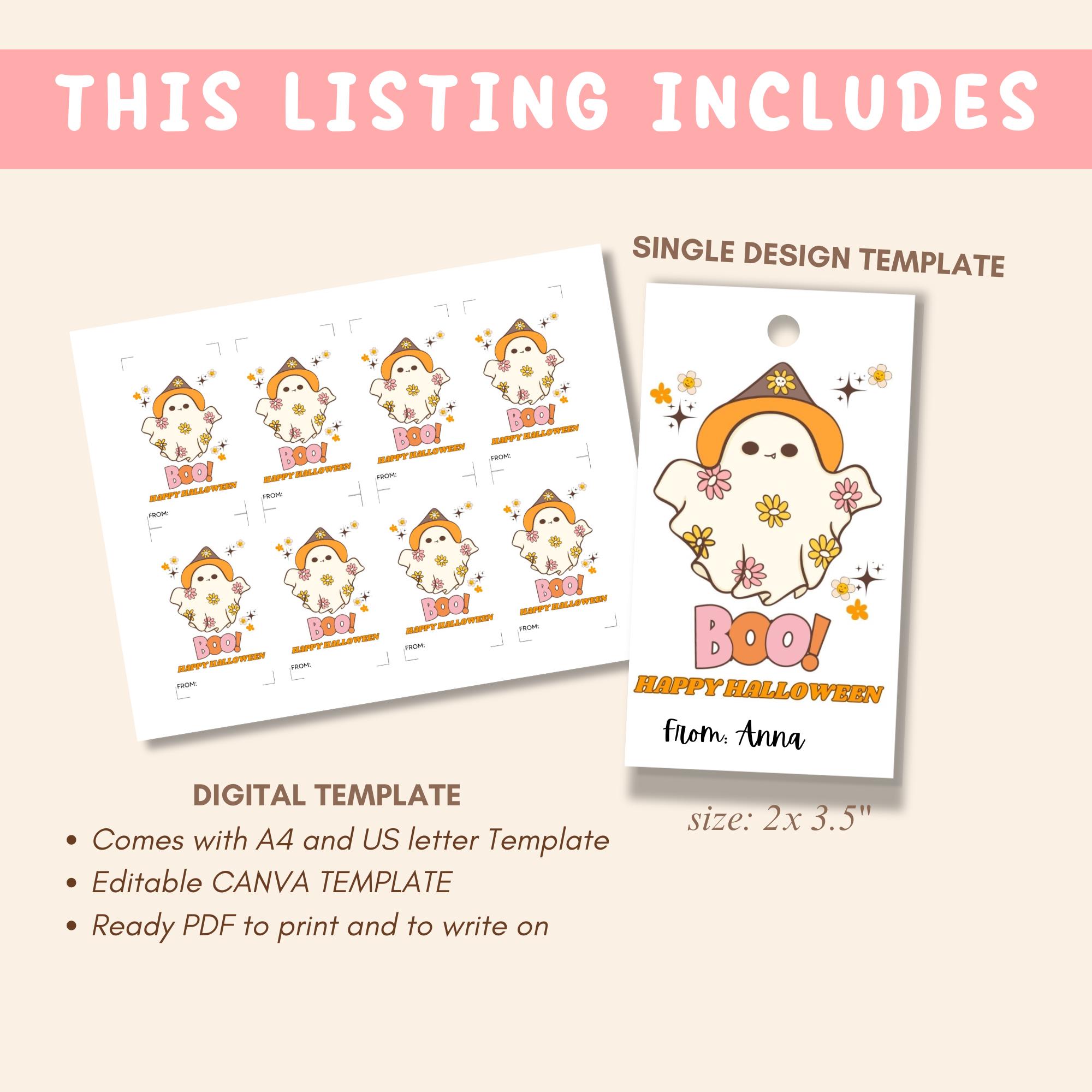 EDITABLE Retro Cute Ghost Halloween Favor Tag, Boho Boo Basket Tag ...