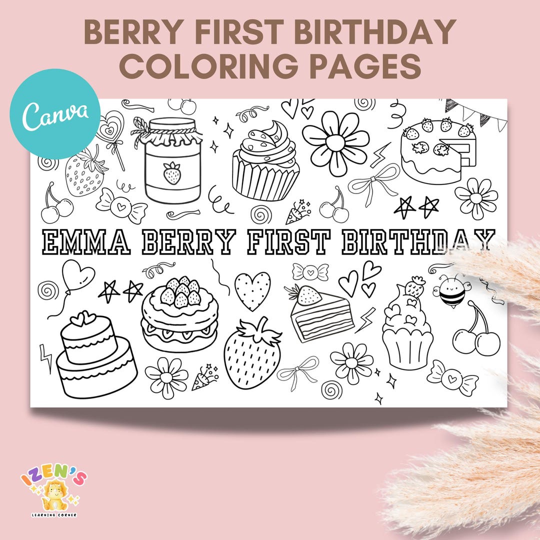 Editable Berry First Theme Coloring Favors, Strawberry Coloring 1st ...