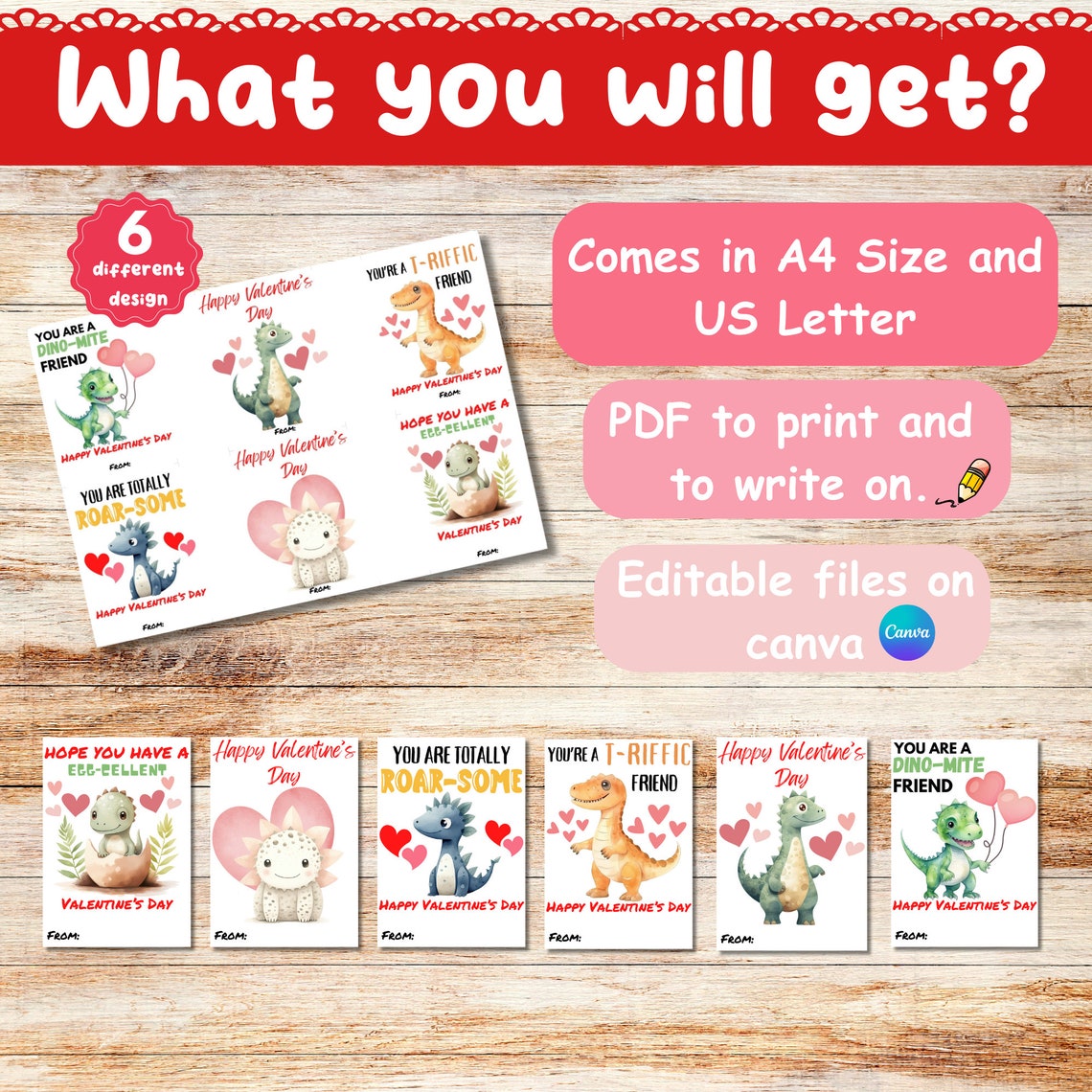 Printable Dinosaur Valentine's Cards, Kids Valentine Card, EDITABLE ...