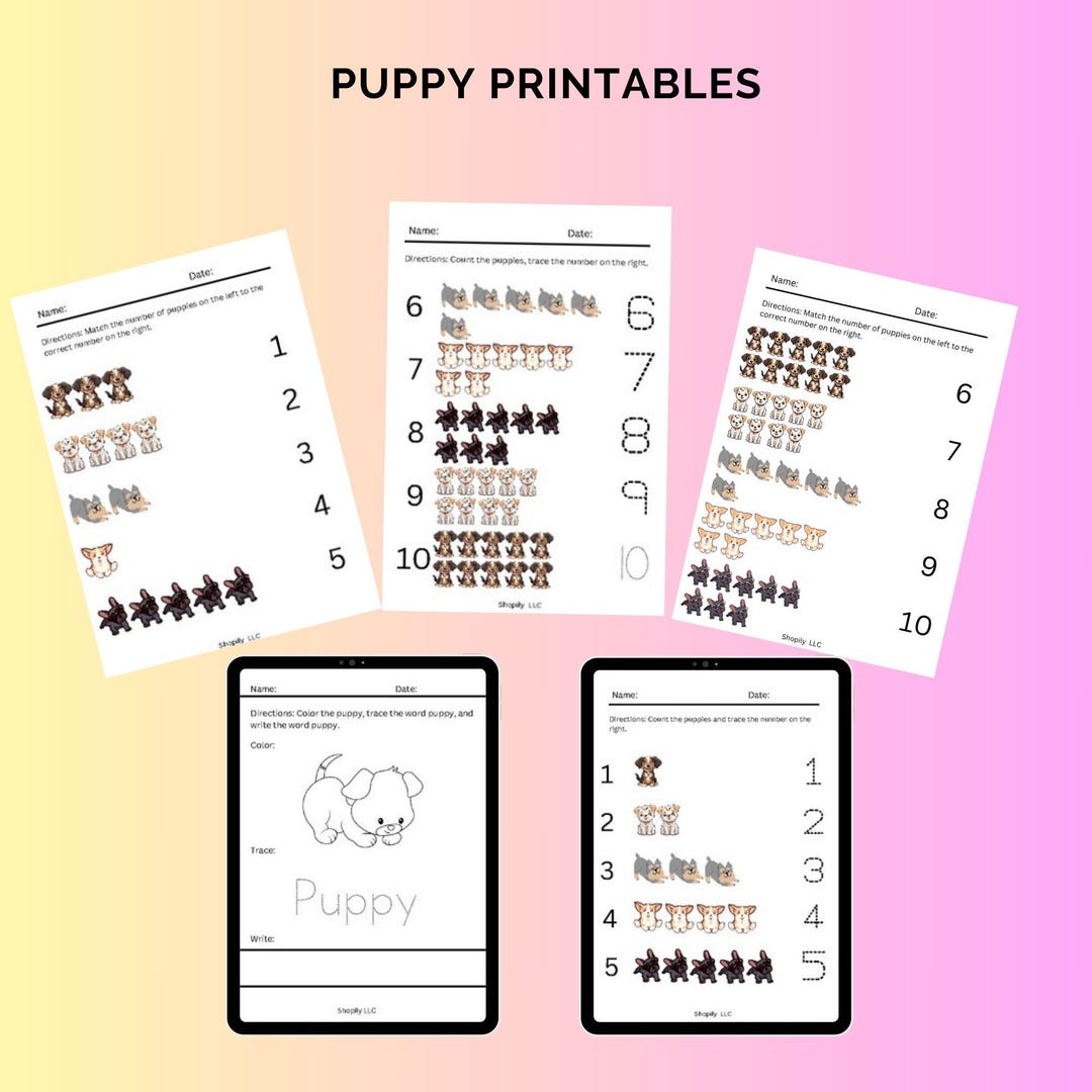 Puppy Printable Worksheets - Digital Downloads, Pre-k, K, Math, Early ...