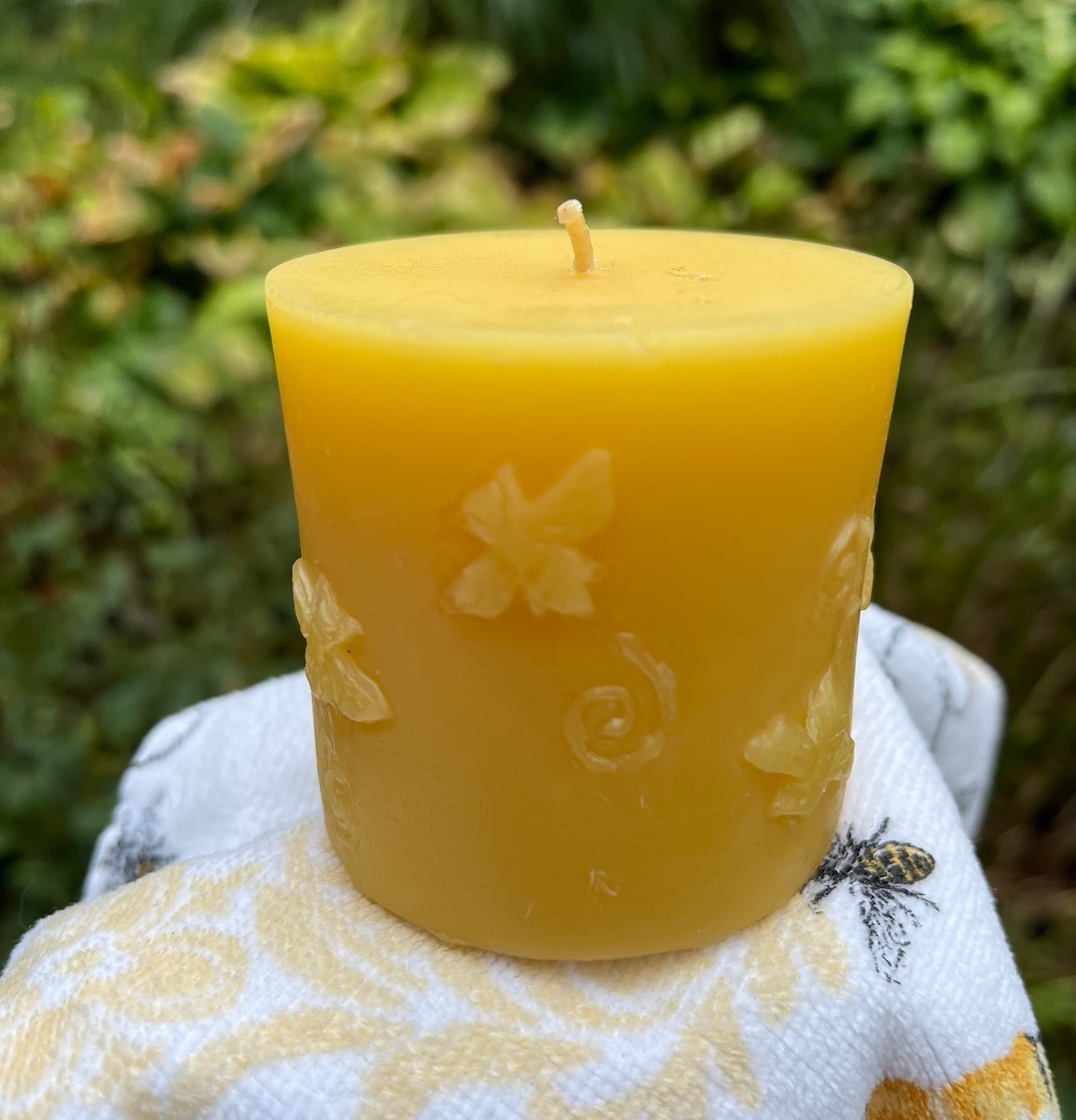Beeswax Pillar Candle With Whimsical Bee Design Handmade by Beekeepers ...