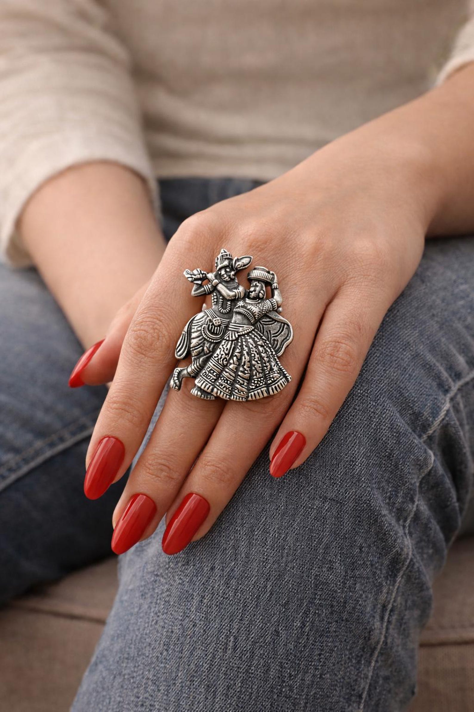 Oxidised Silver Radha Krishna Ring, Rings for Men, Women and Girls ...