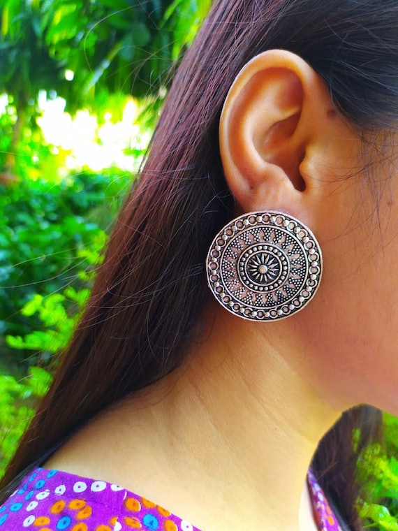KARATIQUE Silver Plated Brass Earrings Big Round Earrings Oxidized Stud Earrings Boho Antique Finish Studs Handmade Studs Artisan Earrings