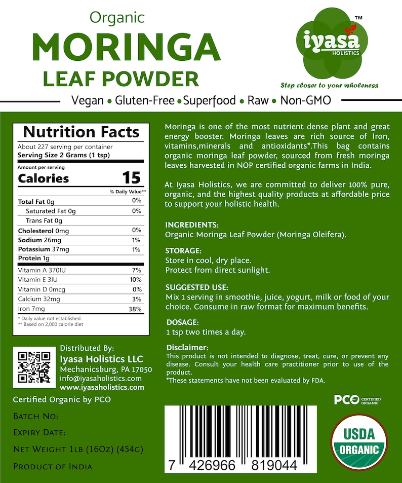 Premium Organic Moringa Leaf Powder USDA Certified Organic - Etsy