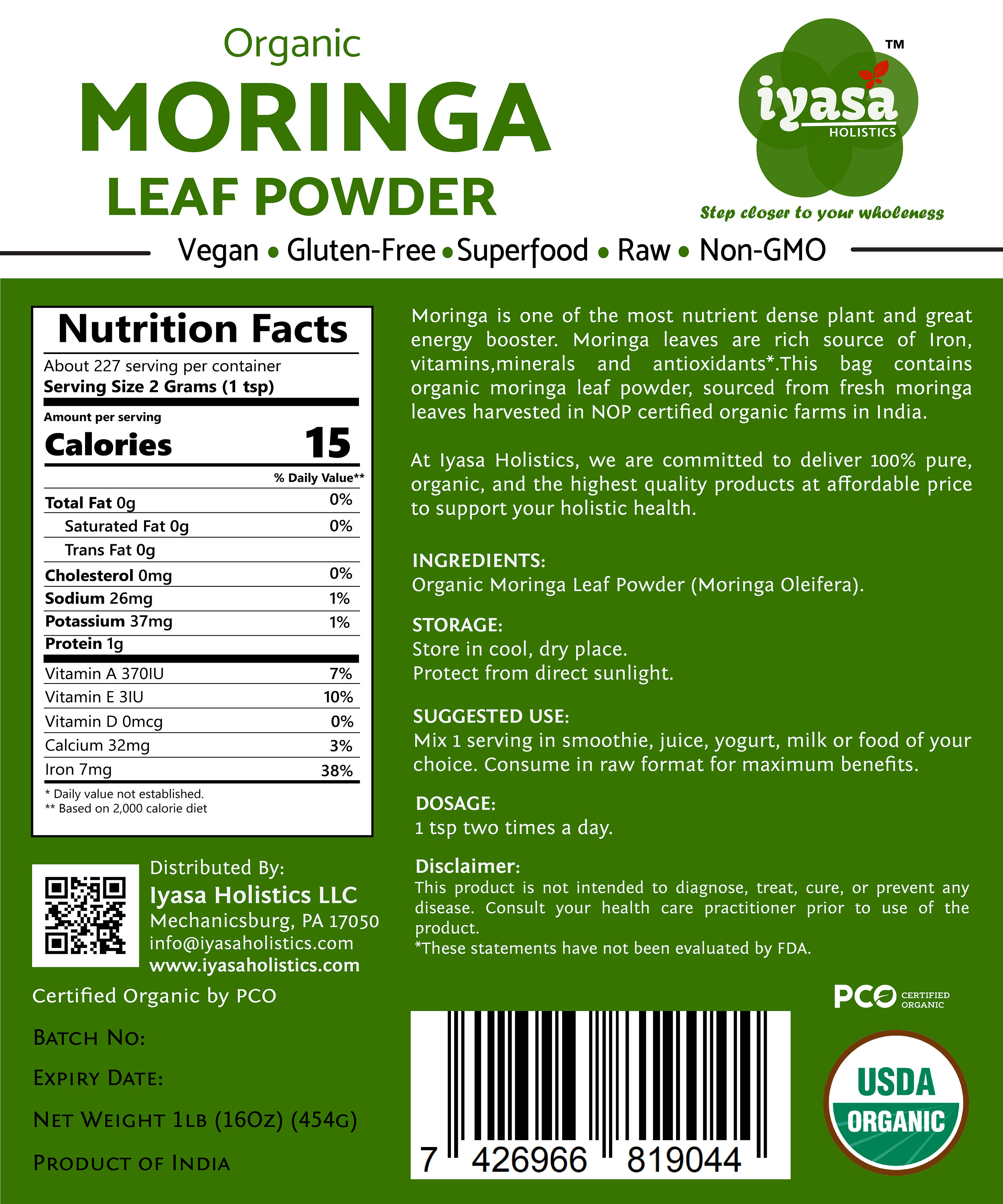 Premium Organic Moringa Leaf Powder, USDA Certified Organic Moringa ...