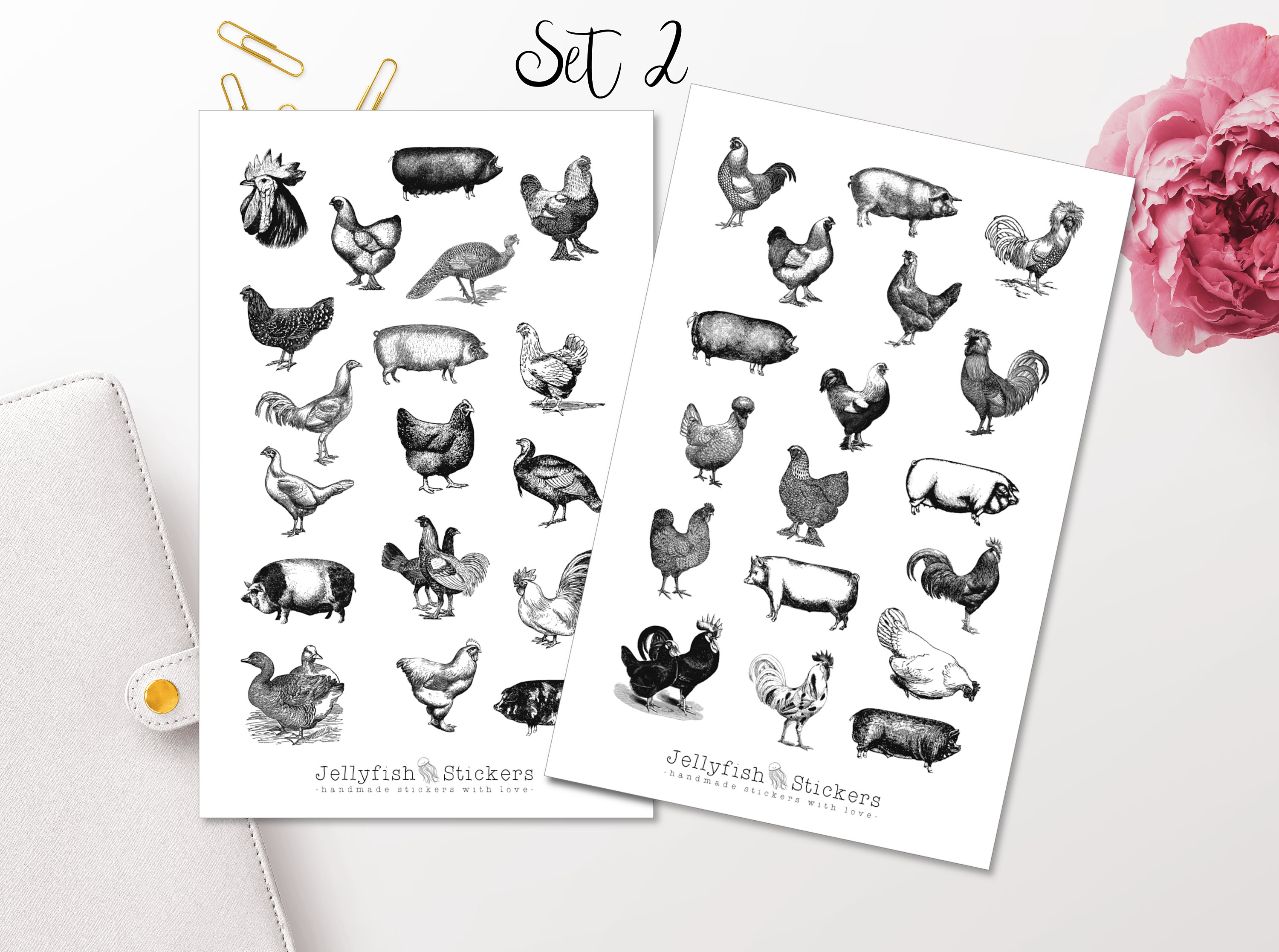 Vintage Farm Animals Sticker Set - Stickers, Journal Stickers, Black ...