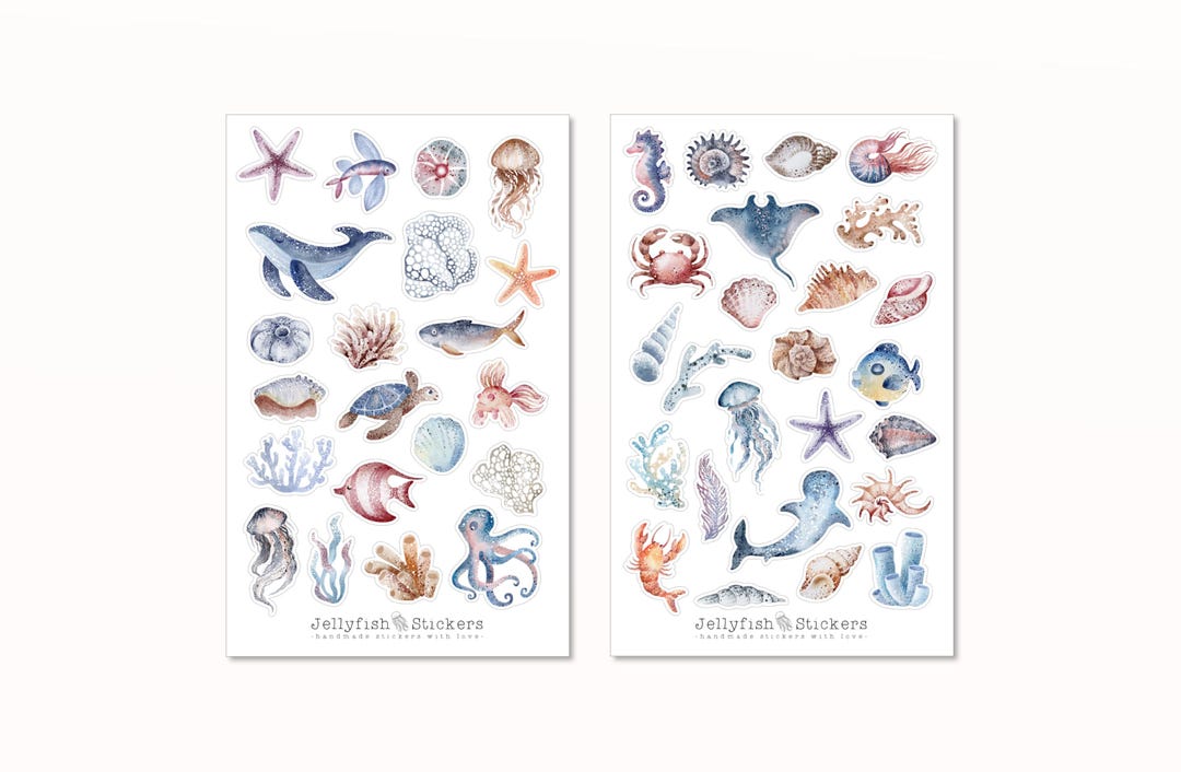 Sea Animals Sticker Set - Stickers Maritime, Sea, Watercolor, Shells ...