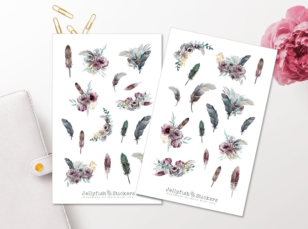 Feathers Sticker Set - Journal Stickers, Planner Stickers, Watercolor ...