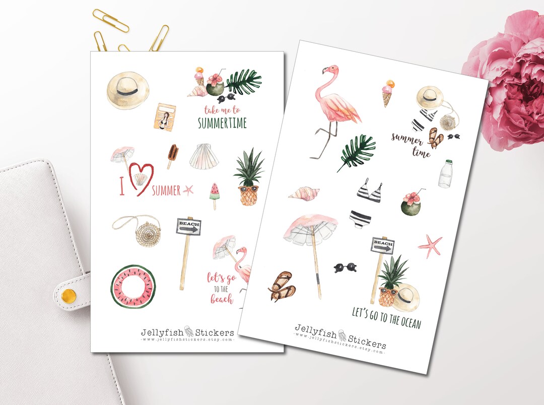 Summer Beach Sticker Set - Journal Stickers, Planner Stickers, Flamingo ...