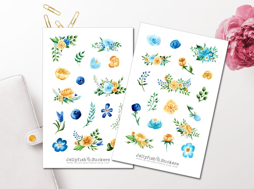 Flowers Blue Yellow Sticker Set Floral Stickers Journal Stickers Garden ...