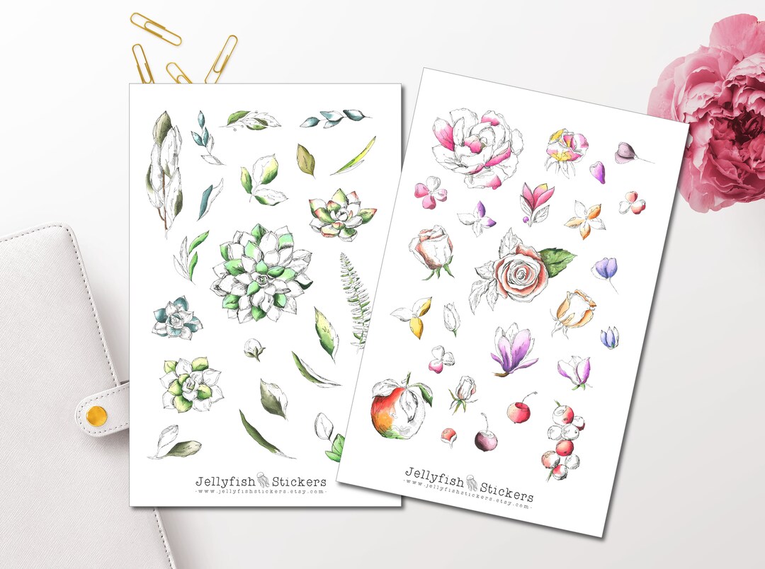 Floral Sketch Sticker Set - Garden Journal Stickers, Flower Stickers ...