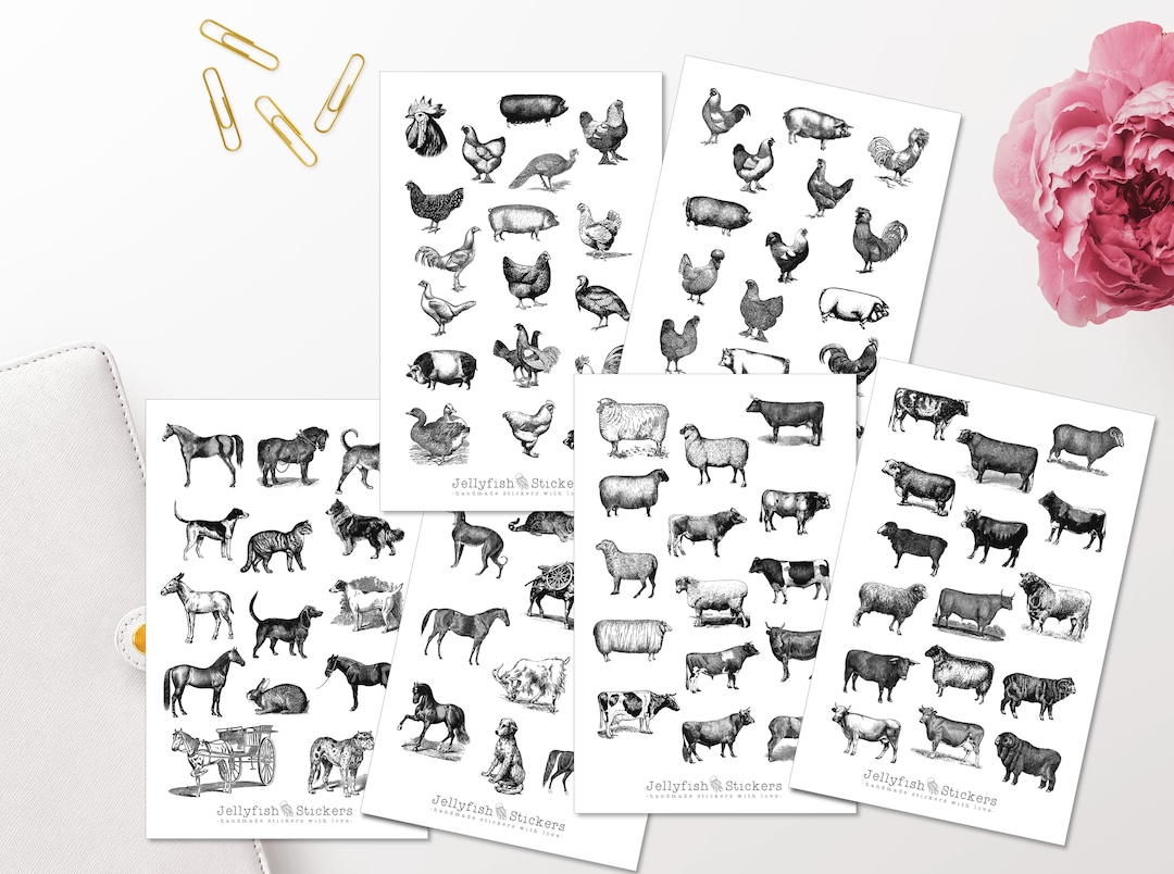 Vintage Farm Animals Sticker Set - Stickers, Journal Stickers, Black ...