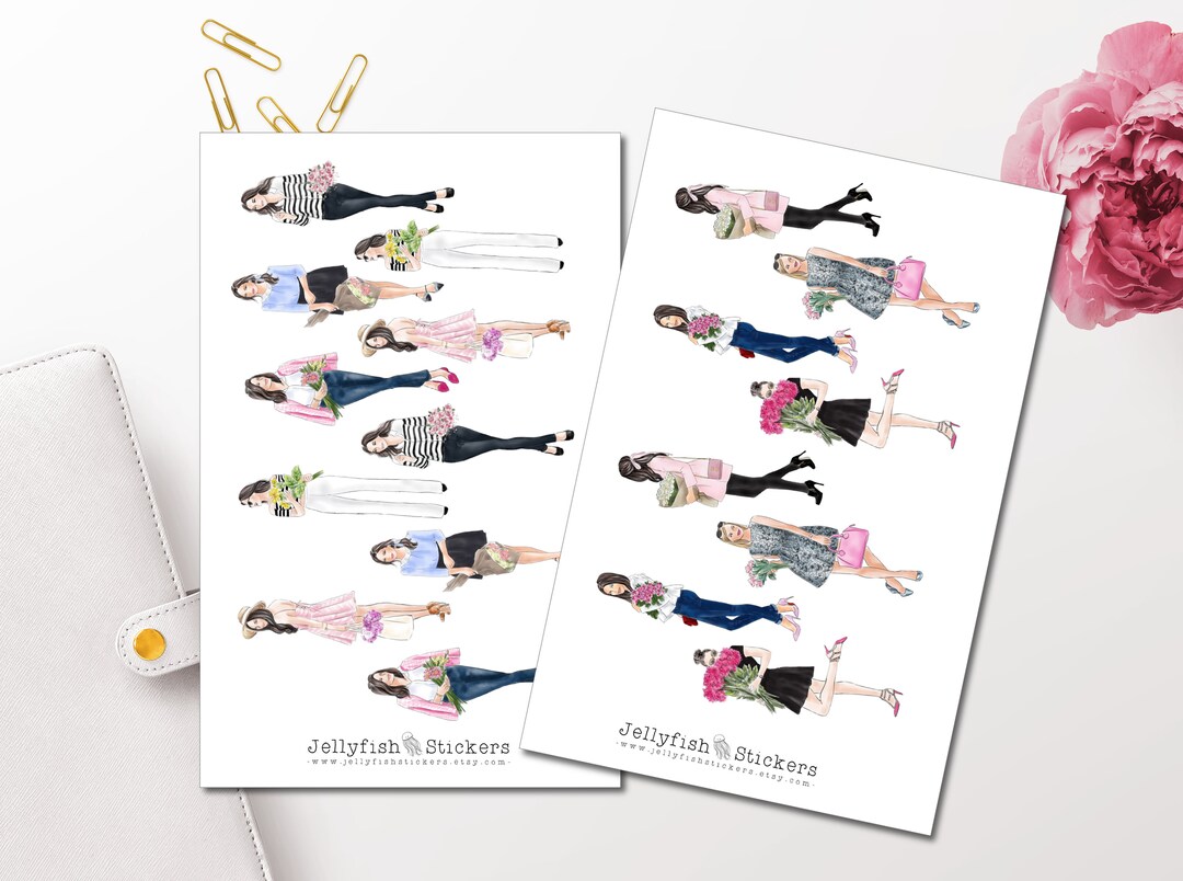 Girl With Flowers Sticker Set - Sticker Journal Sticker Planner Sticker ...