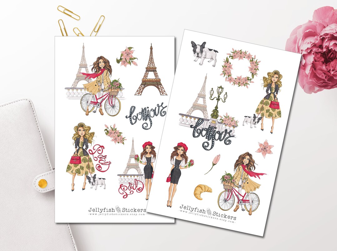 Girls in Paris Sticker Set Floral Stickers Journal Stickers - Etsy